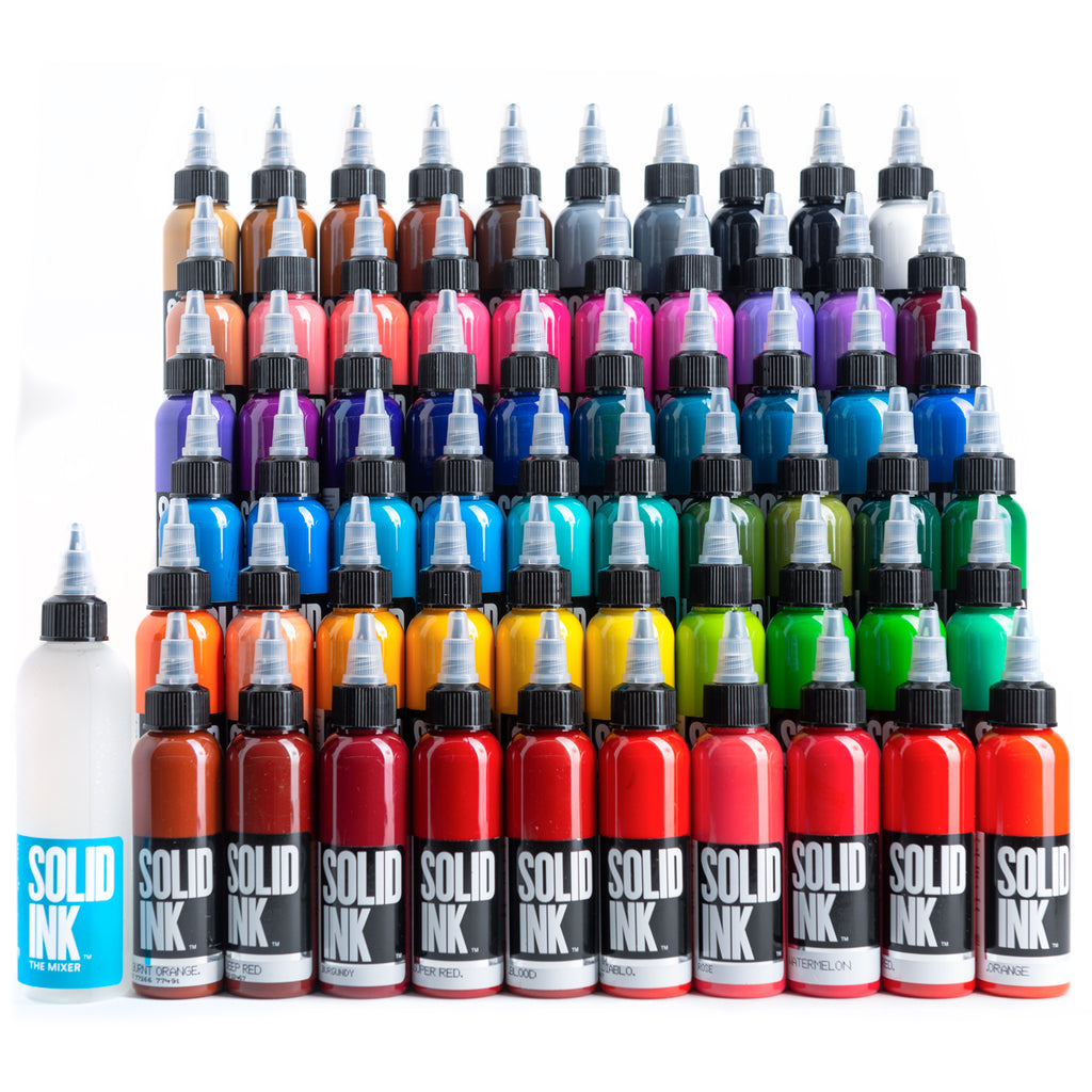 Solid Ink - 60 Color Mega Tattoo Ink Set & Mixer Bottle
